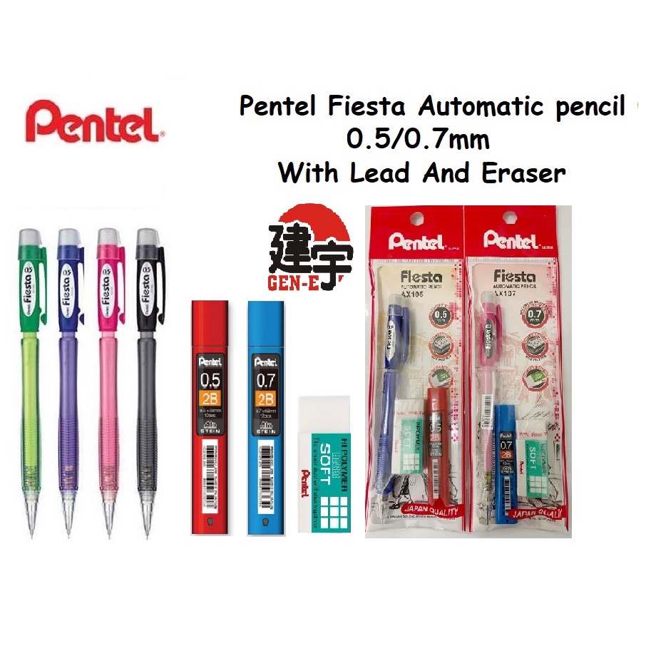 Pentel Fiesta Automatic Pencil 0.5/0.7mm With Lead And Eraser AX105 ...