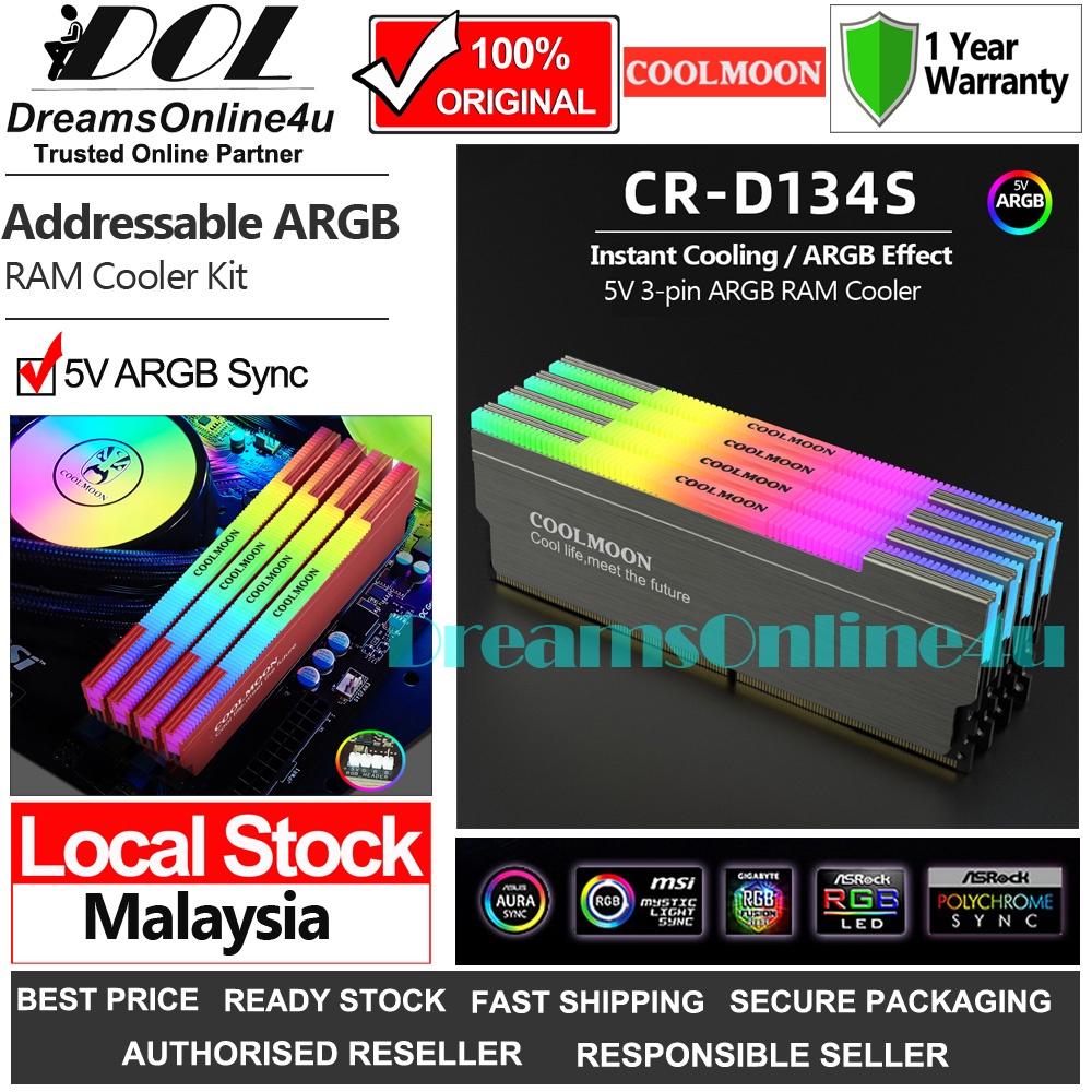 Coolmoon CM-RA1 ARGB Memory RAM Cooler DDR Heatsink DIY PC Game MOD DDR3 DDR4 ASUS Aura Sync ...