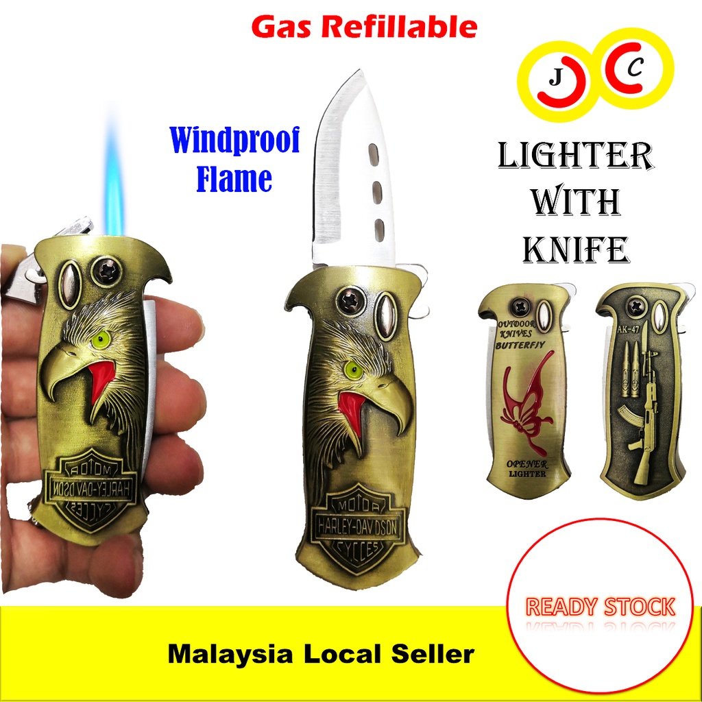 Premium Metal Body Gas Lighter Windproof Lighter With Knife Refillable ...