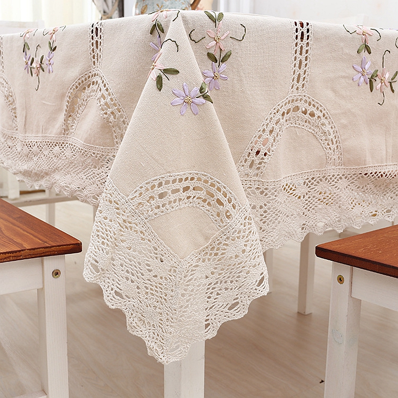 Flower Embroidered Lace Cream Tablecloth Thick Linen Coffee Tea Table ...