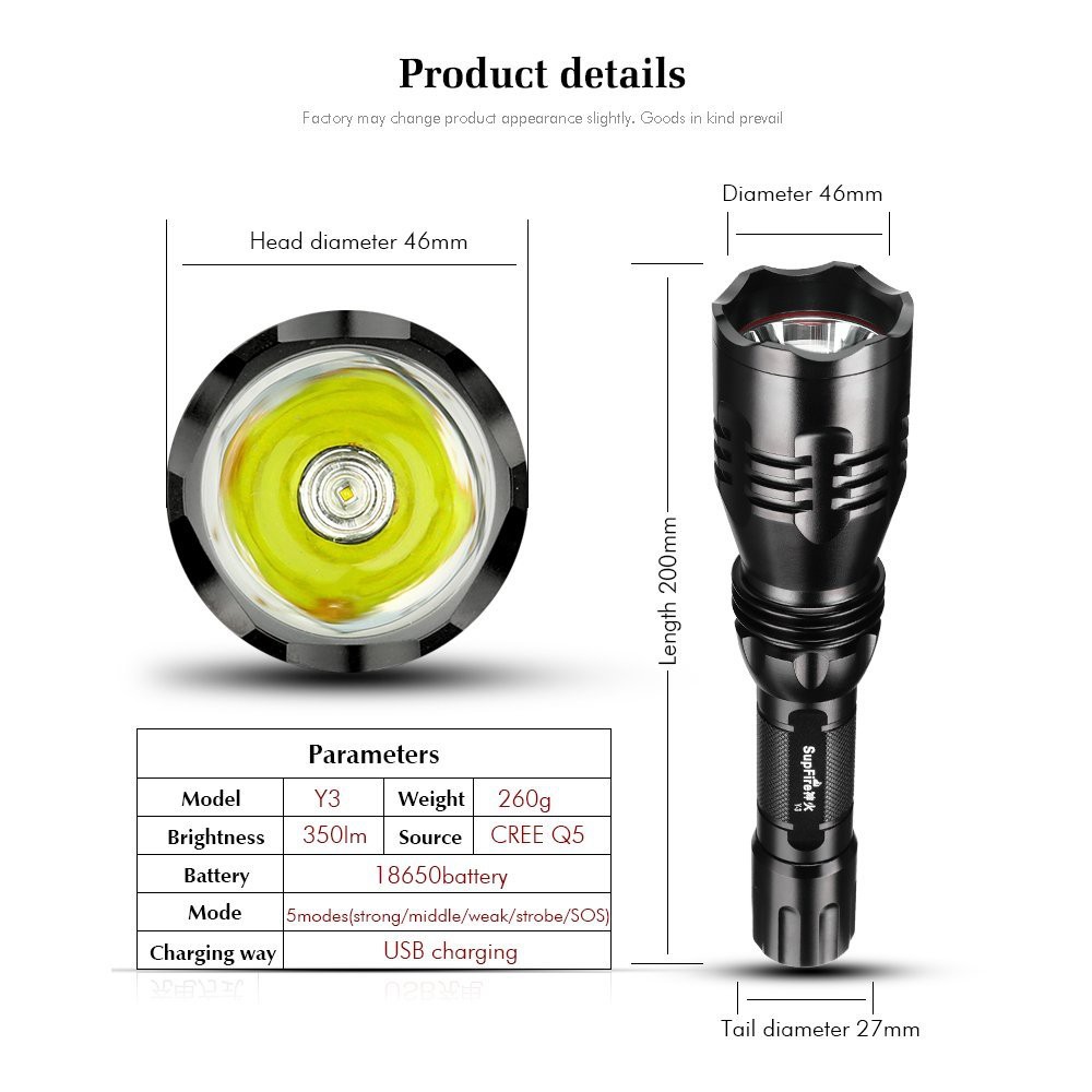 SupFire Tactical Police Flashlight Cree LED Torch with 18650 Battery ...