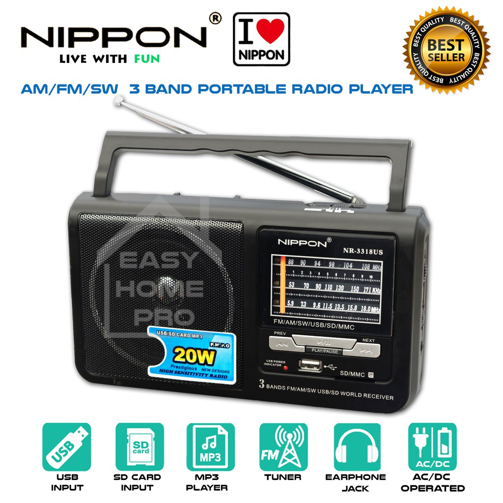 NIPPON NR-3318US FM/AM/SW 3 BAND PORTABLE RADIO MULTIBAND RADIO ...