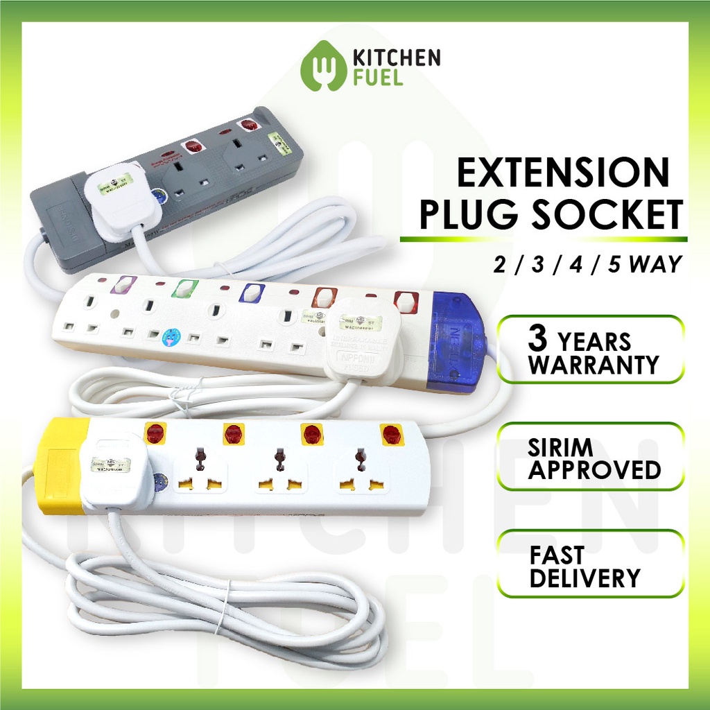 KF_ SIRIM 2M 5M Extension 3 Way Universal Plug Adapter w Neon Light ...