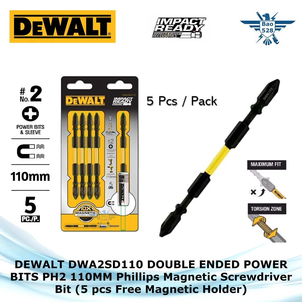 DEWALT DWA2SD110 DOUBLE ENDED POWER BITS PH2 110MM Phillips Magnetic ...