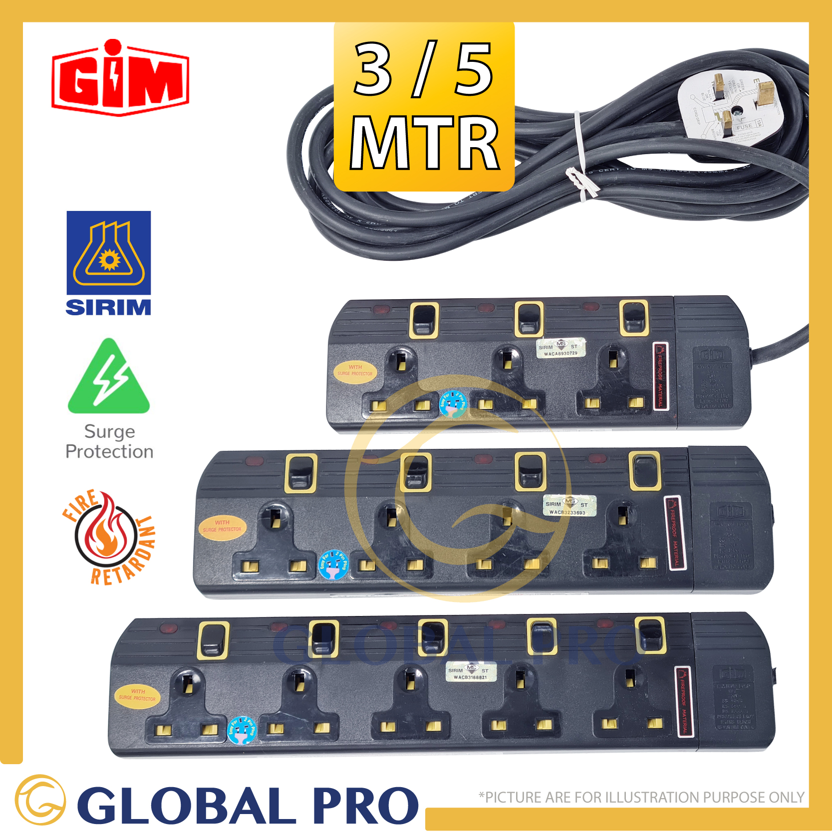 3m 5m Gim Black Sirim Surge Protector Portable Trailing Socket Extension Plug Extension