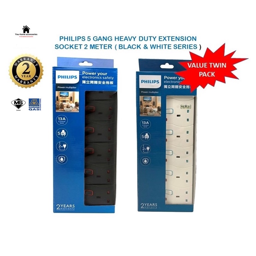 Philips Socket 5 Gang Extension Socket 2 Meter Black + White Series ...