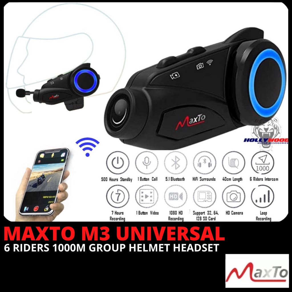 MAXTO M3 UNIVERSAL 6 RIDERS 1000M GROUP HELMET HEADSET SONY HD 1080P ...