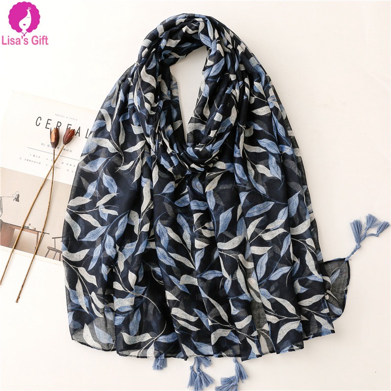 Muslim fashion flowy cotton shawl simple blue leaf printed wide shawl ...
