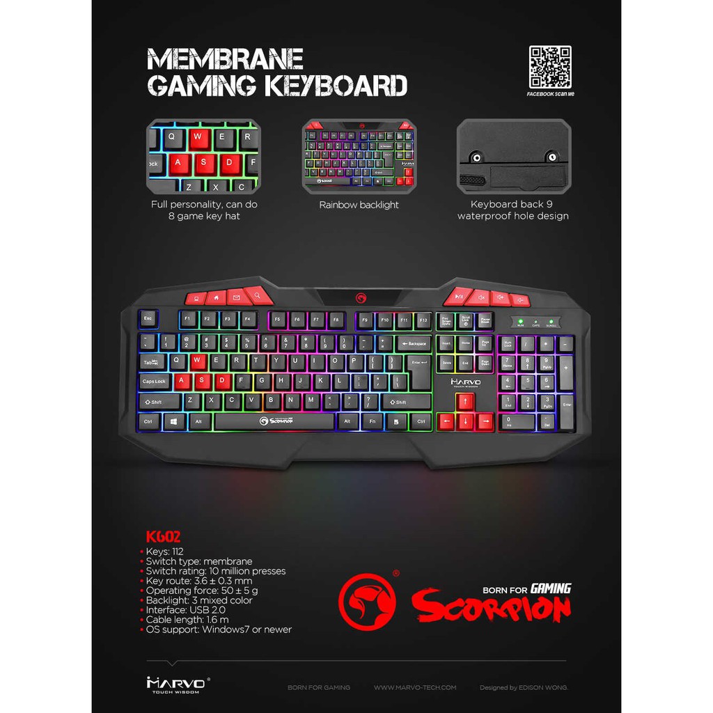 MARVO K602 Gaming Keyboard Rainbow Backlight 112 Keys Wired Membrane ...