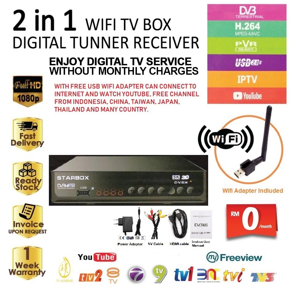 Digital TV Receiver USB Media Player Decoder free AV Cable & wifi ...