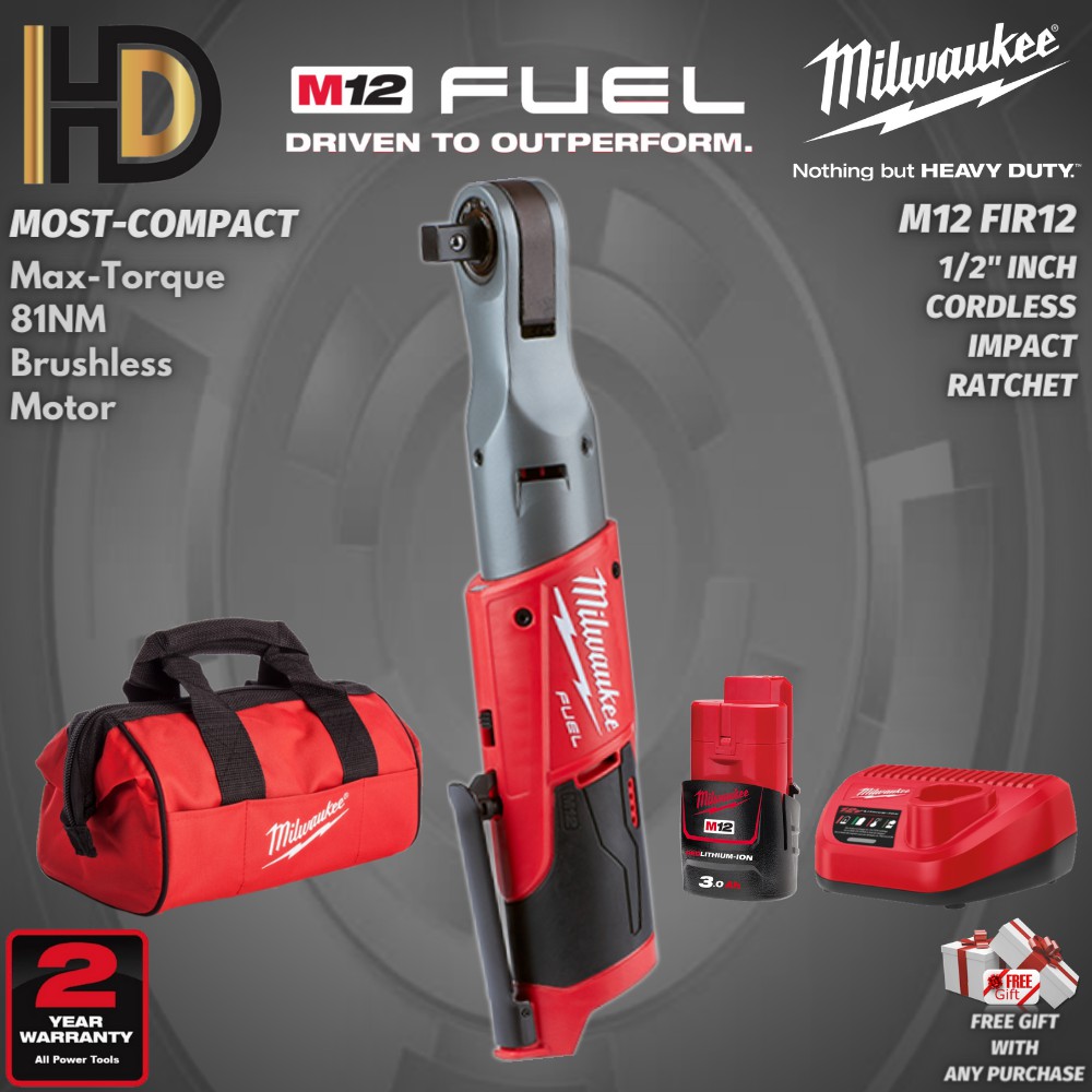 Milwaukee M12 FIR12 Fuel 1/2" Cordless Impact Ratchet 81NM / Brushless ...