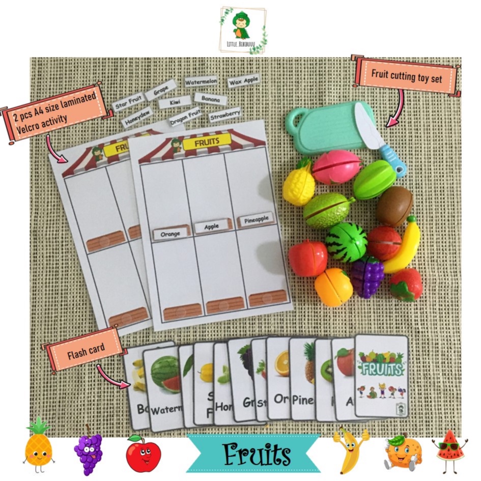 Fruit Cutting Toy Set + Laminated Flash Card + Laminated Velcro ...