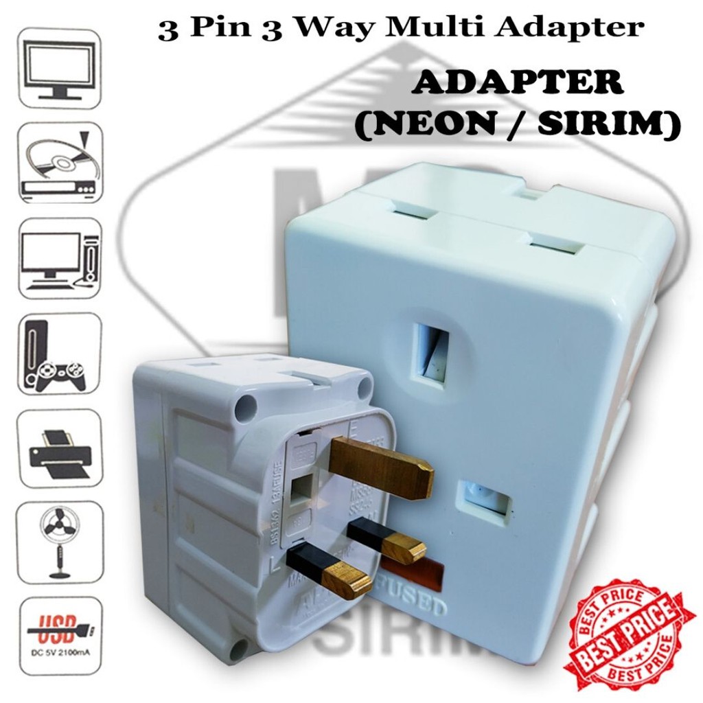 3 Pin 3 Way Multi Adapter (Adapter with Neon/Sirim) | Shopee Malaysia