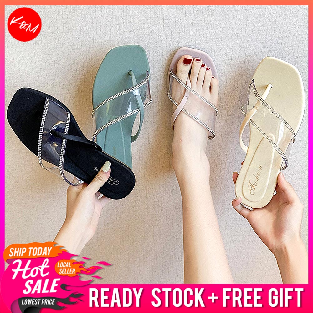 KM Women Silas Shine Transparent Cross Sandals Kasut Perempuan Wanita ...