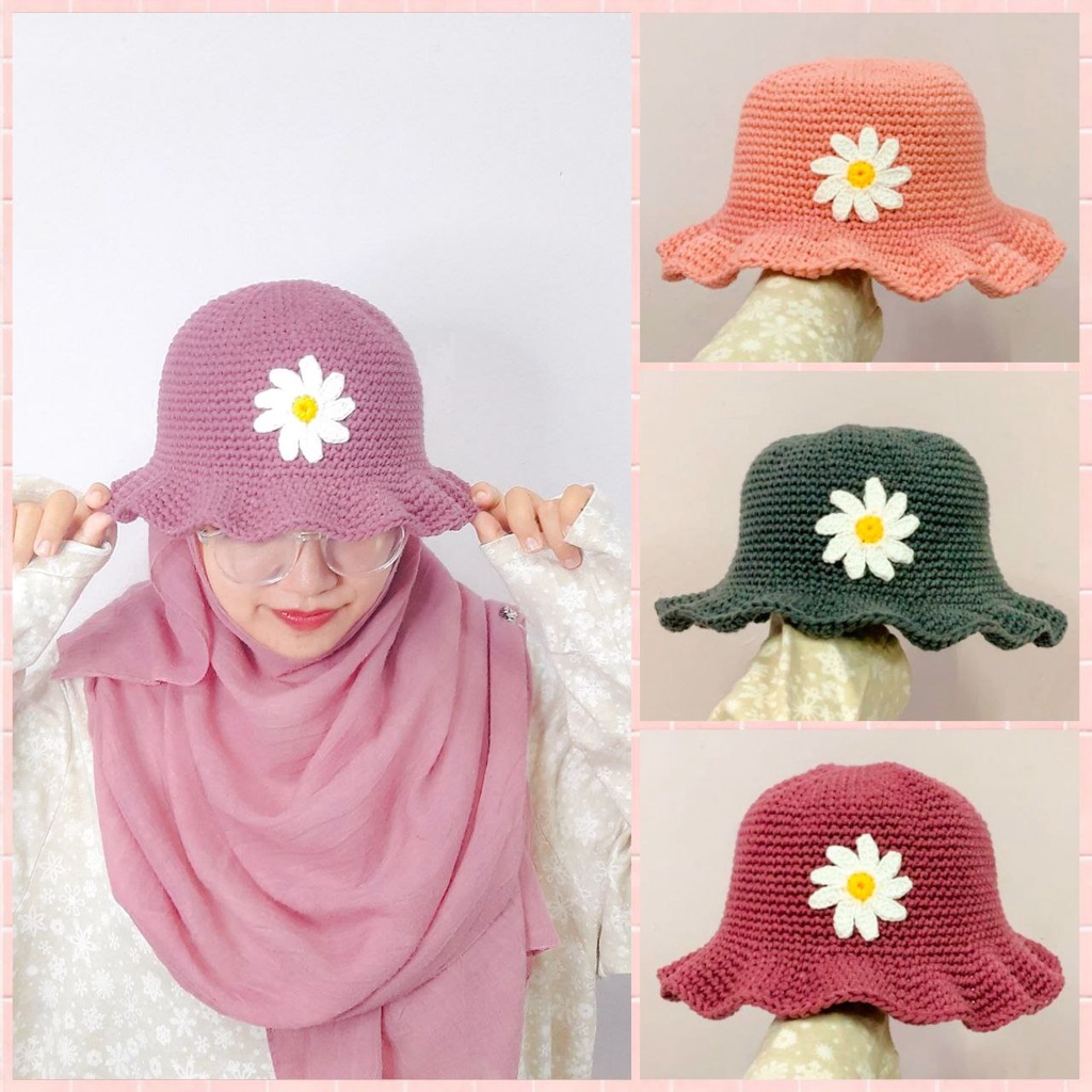 HANDMADE CROCHET | KNIT BUCKET HAT DAISY FLOWER WAVY | TOPI KAIT ...