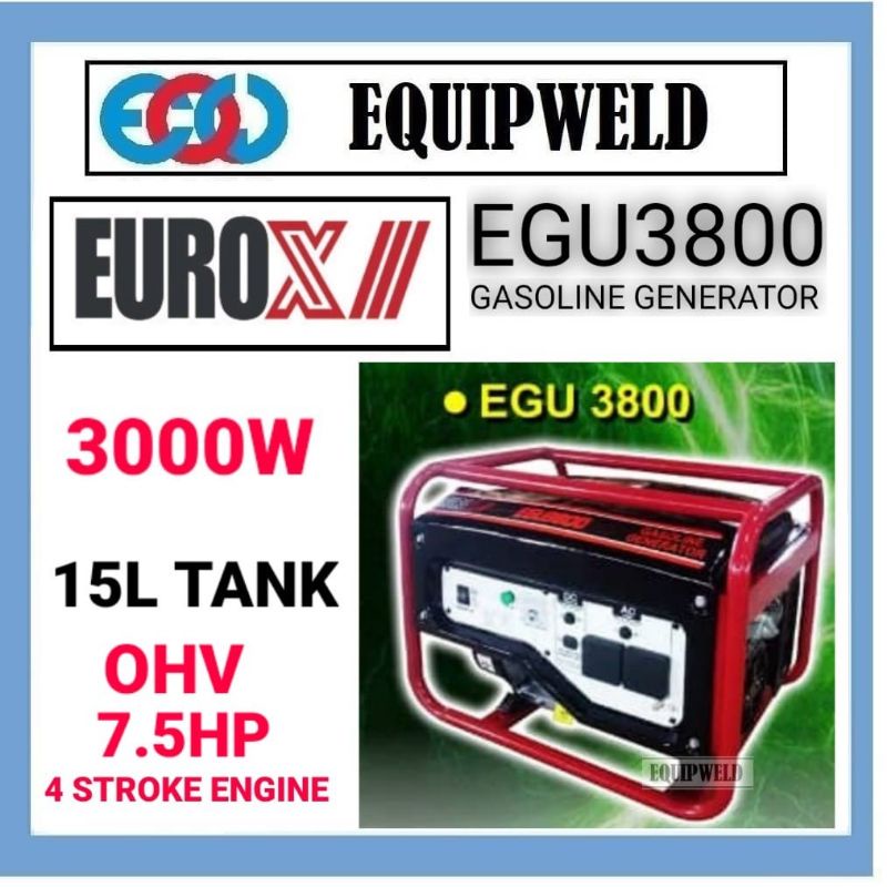EUROX EGU3800 GASOLINE GENERATOR 3000W (PETROL) 4T 7.5HP 212CC 4-STROKE ENGINE 3.0KW 3.0KVA ...