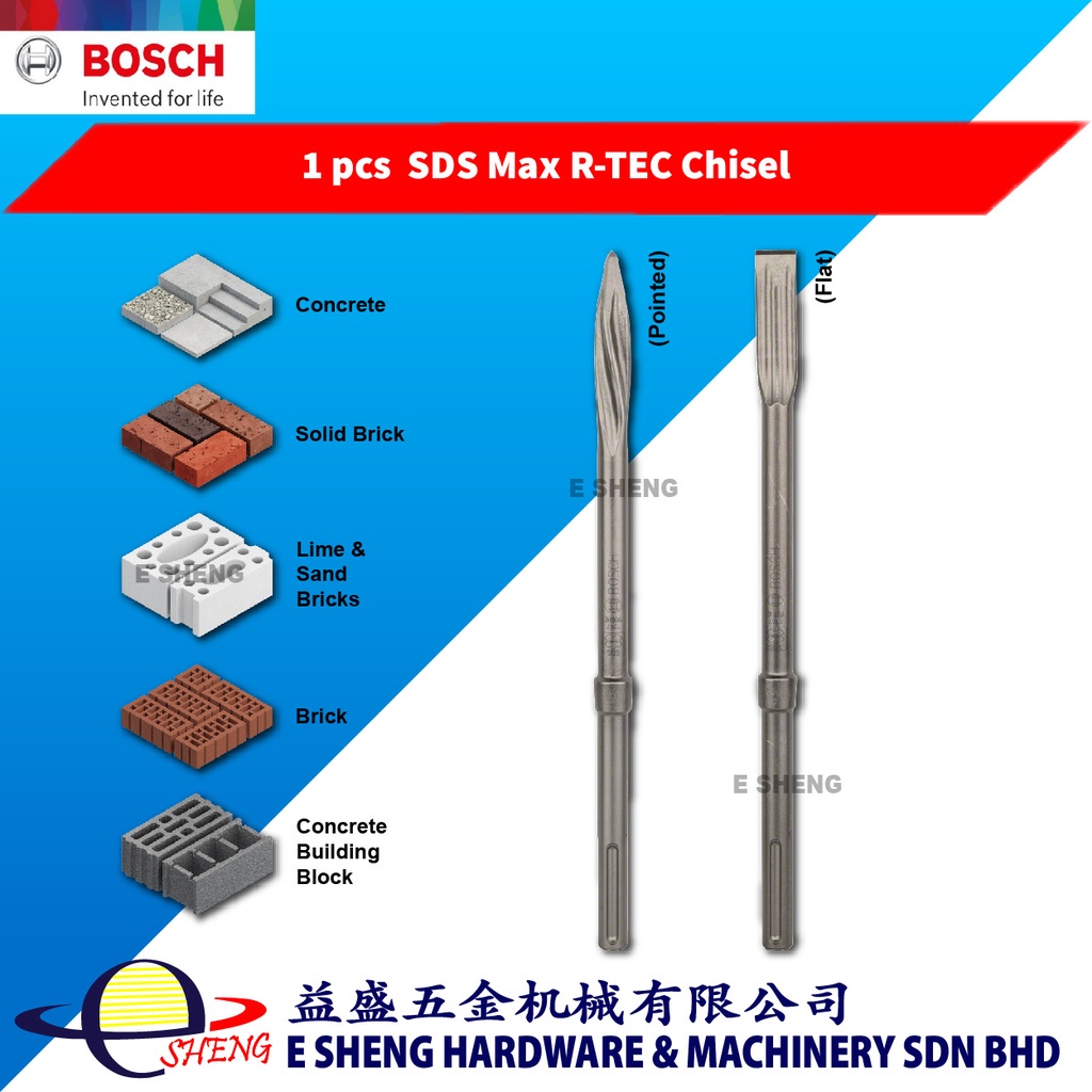Bosch 1pcs SDS Max RTEC Pointed Chisel or R-Tec Sharp Flat Chisel For ...
