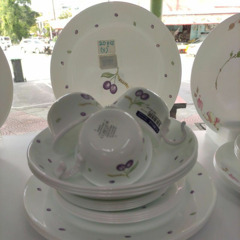 Corelle Set 20 Plum (set cawan ringan,cawan tangkai putus/vitrelle ...