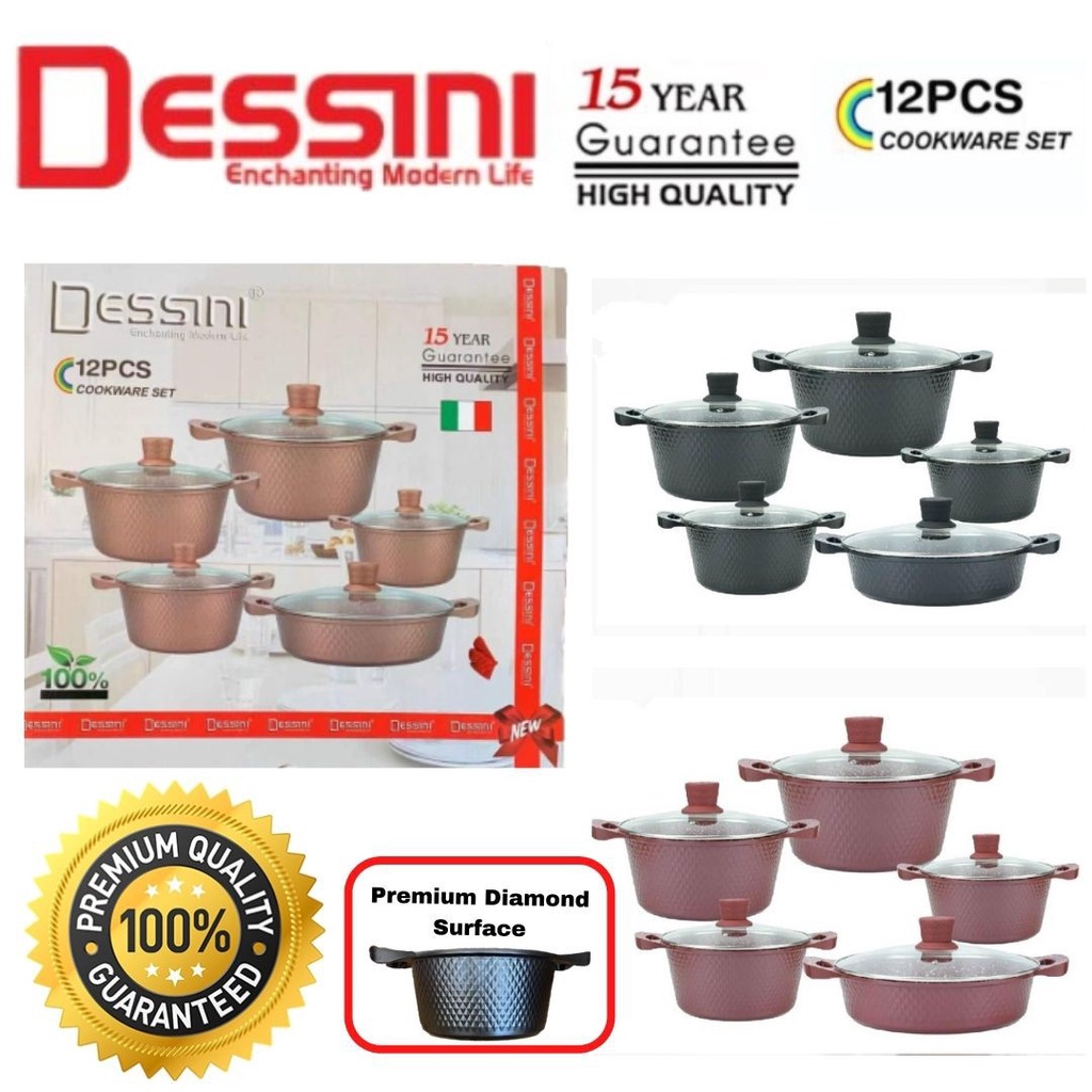 NEW DESSINI Premium Diamond 12pc Set Cookware Premium Casserole Granite ...