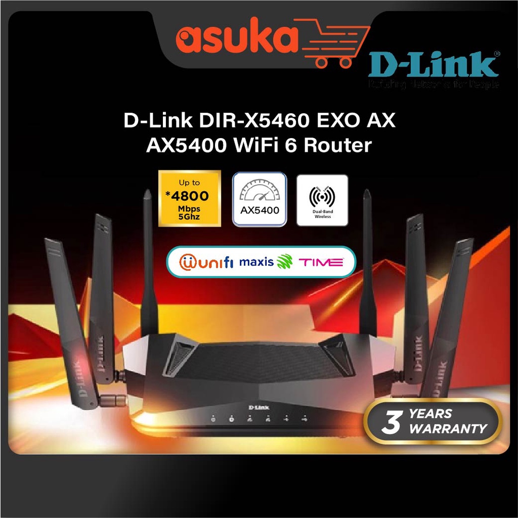 D-Link DIR-X5460 EXO AX AX5400 WiFi 6 Network Router (Support Unifi , Maxis & TIME Fiber ...