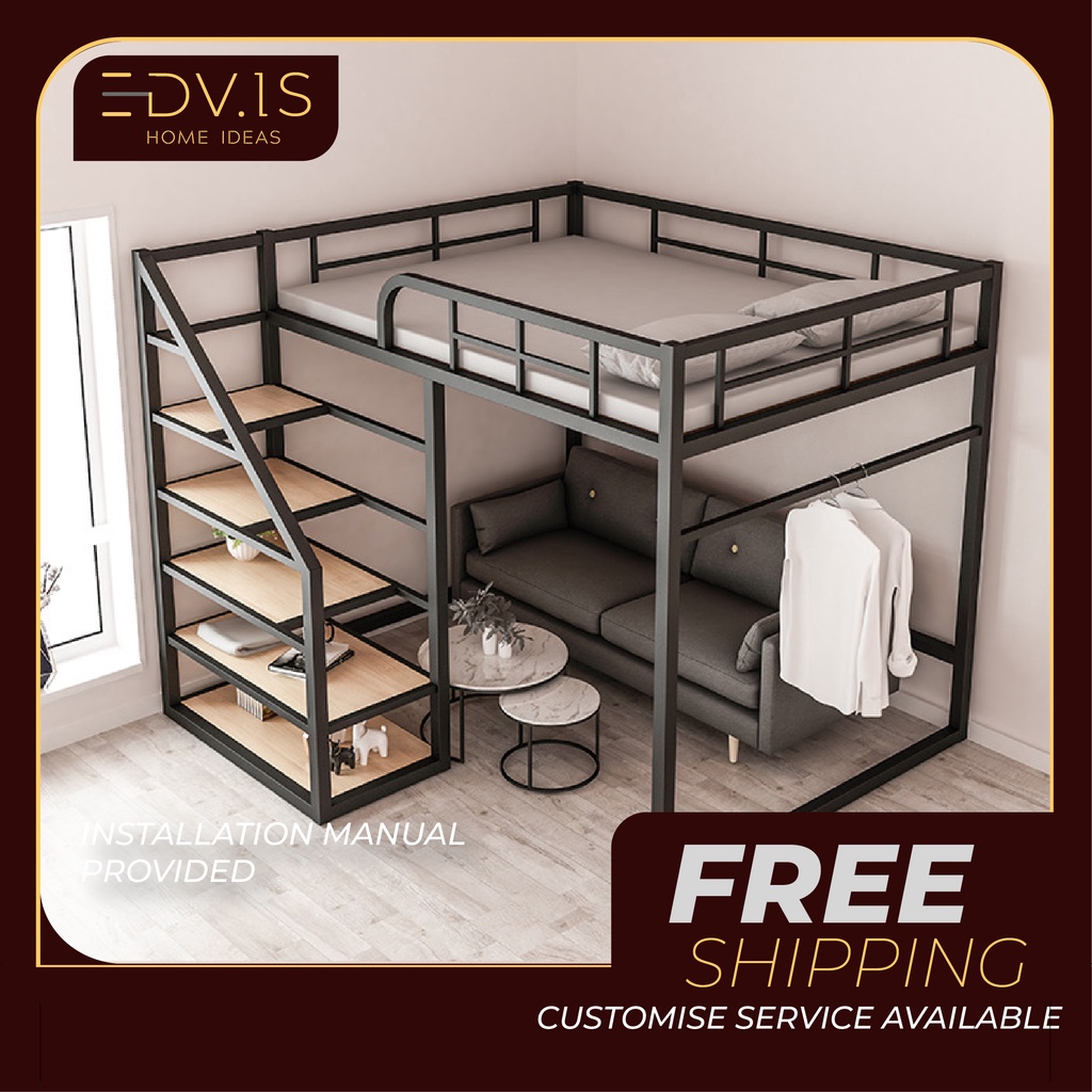 EDV.IS Loft bed upper bunk bed frame front placing wood stair metal ...