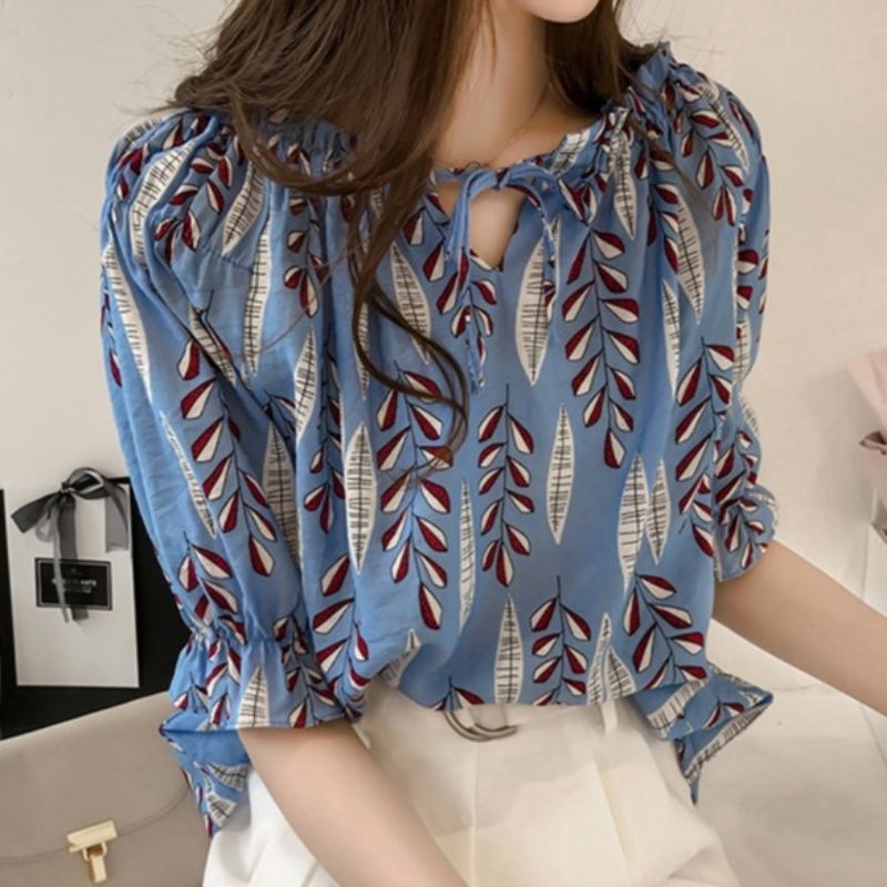 women floral blouse (blue ) | Shopee Malaysia