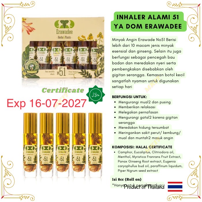 Erawadee No. 51 Original from Thailand, Natural Inhalation Wind Oil Yes ...