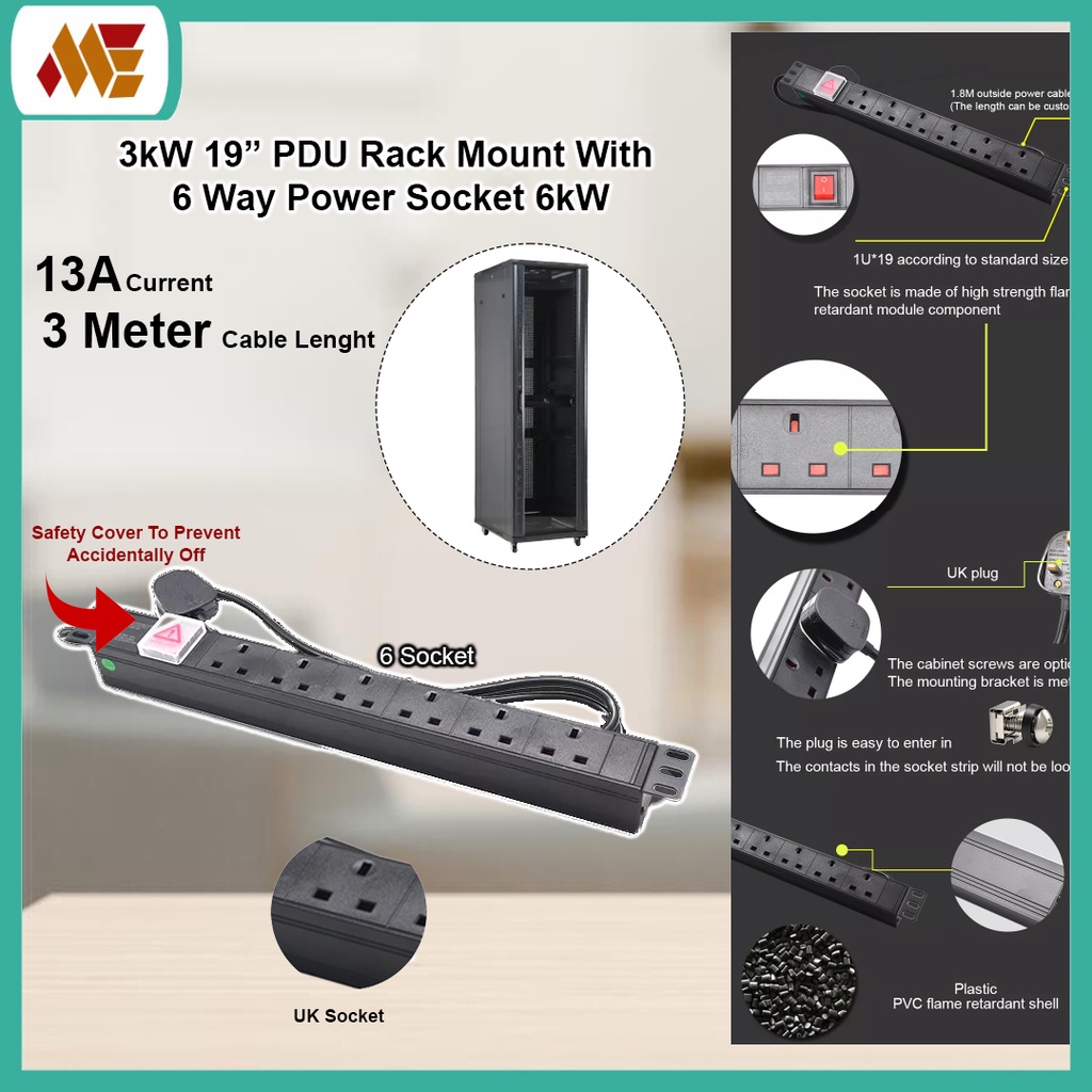 13A Power Distribution UK Plug For Server Rack Mount 1.8M 1U 19" PDU/6 ...