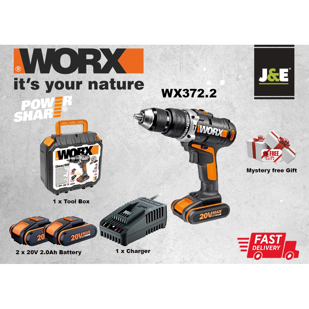 WORX WX372 POWERSHARE 20V Lithium-ion Cordless Hammer Drill | Shopee ...