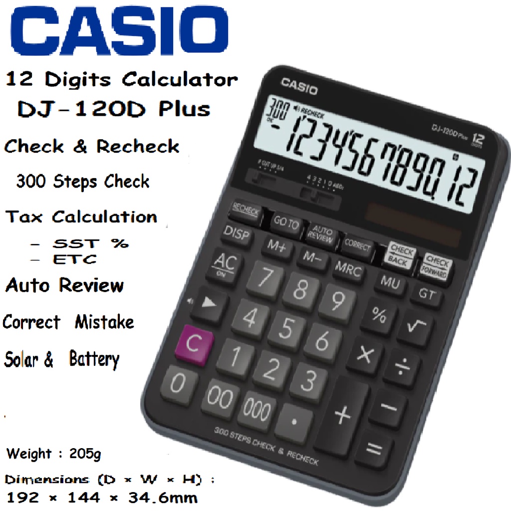Casio 12 Digits Calculator 12 Digit DJ-120D Plus DJ 120 DJ120 300 Steps ...