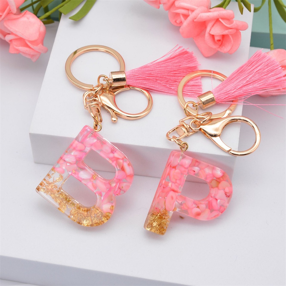 Creative Women Glitter Gold Foil 26 Letter Pendant Keyring With Pink ...