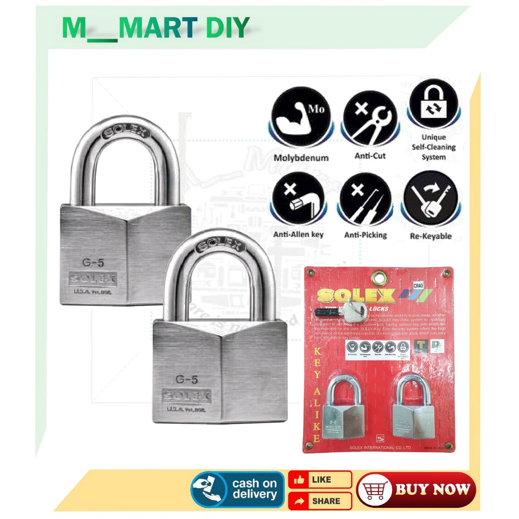 Solex Heavy Duty Padlock 40mm G5 Padlock Key Alike System Pad Lock ...