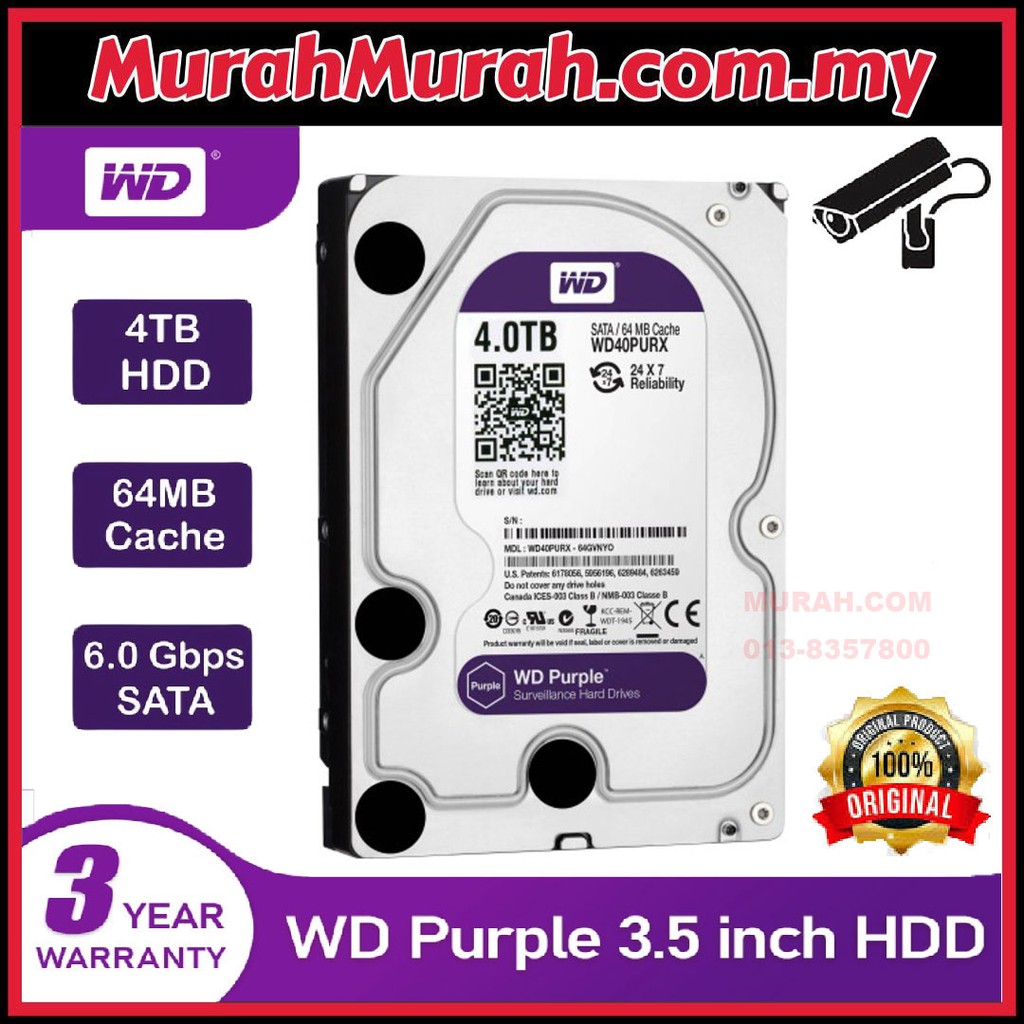 Western Digital 4TB Surveillance HardDisk WD 4TB Purple Surveillance ...