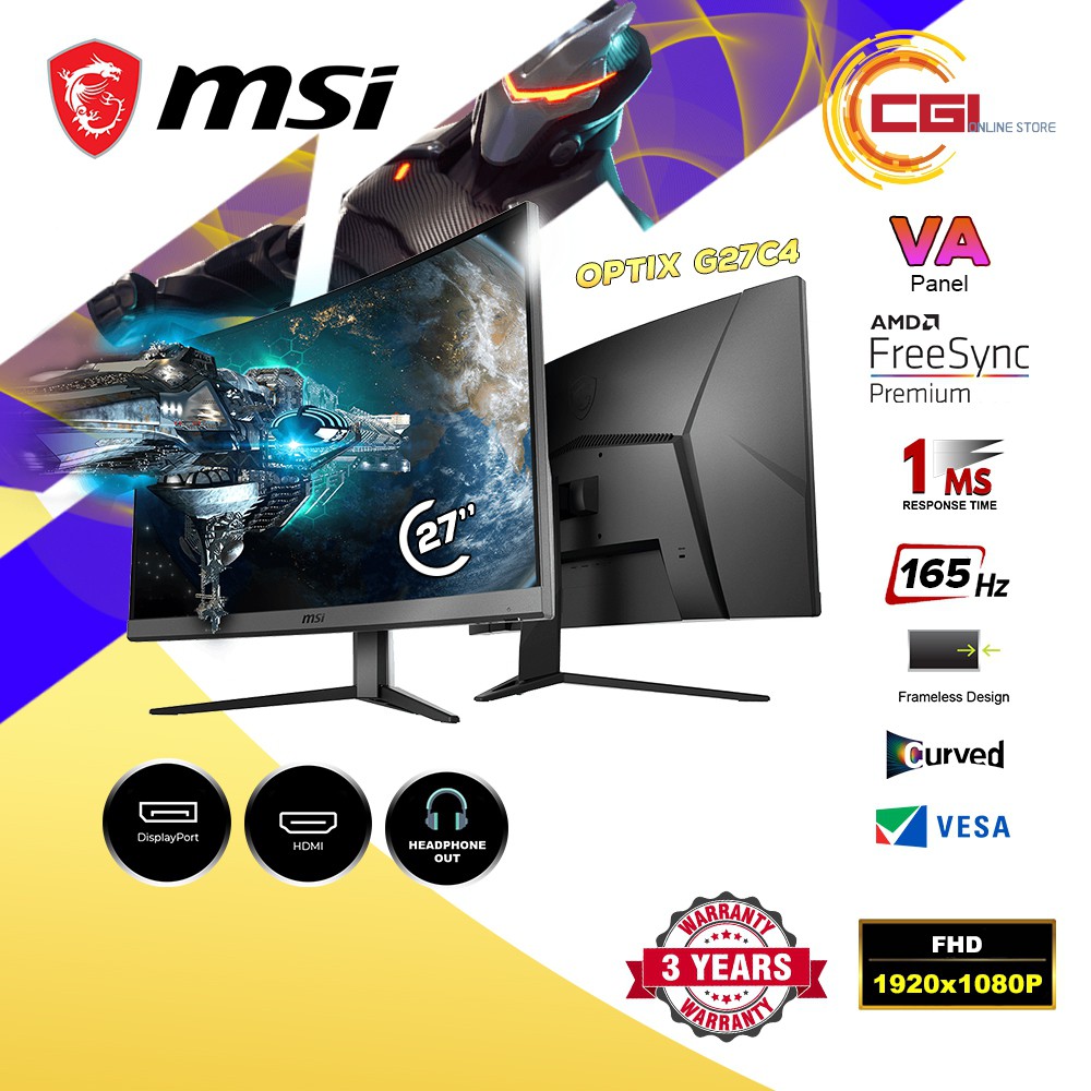 MSI Optix 27" G27C4 165Hz 1ms FHD VA FreeSync Curved Gaming Monitor ...