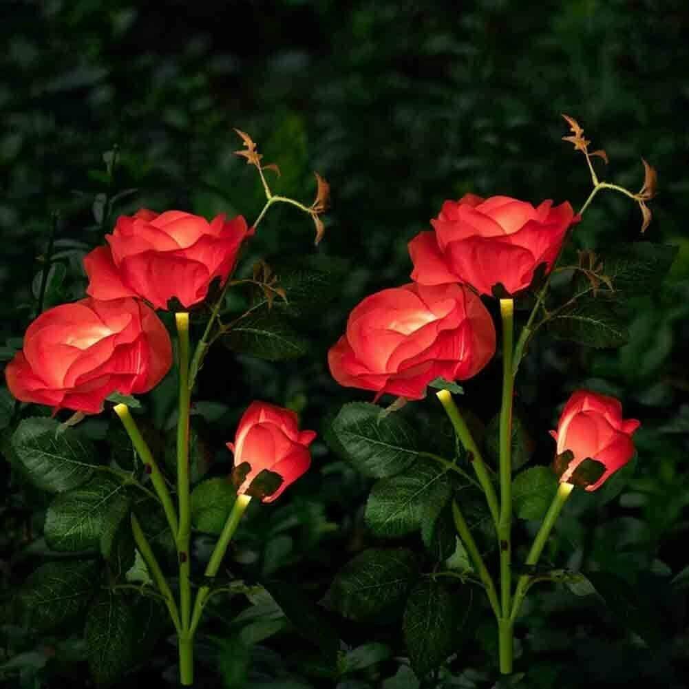 3 LED Solar Rose Flower Stake Lights Outdoor Garden Path Party Yard ...