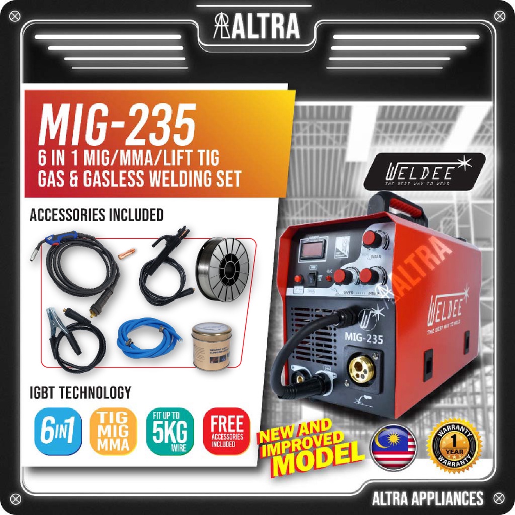 Malaysia Made Weldee MIG-235 6 IN 1 CO2 Gas & Gas-less MIG Welding Set ...