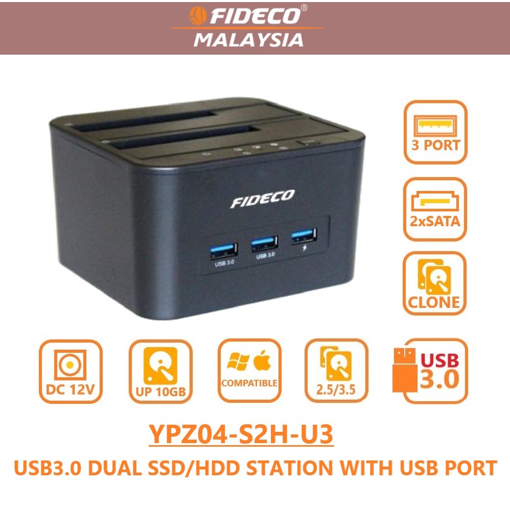 FIDECO YPZ04-S2H-U3 USB 3.0 Dual Bay HDD SSD Docking Station With Built-In USB 3.0 hub | Shopee ...