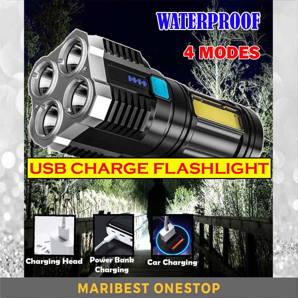 Super Bright USB Flashlight 4-Core 4 Modes Strong LED Light ...