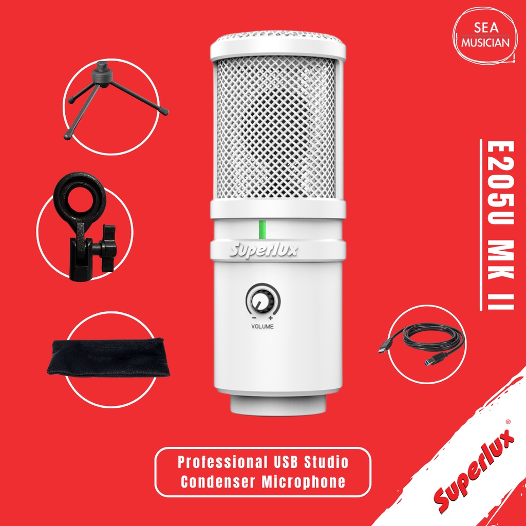 SUPERLUX E205U MKII USB STUDIO CONDENSER MICROPHONE COLOUR WHITE 24 BIT / 96 KHZ, 30 - 18,000 HZ ...