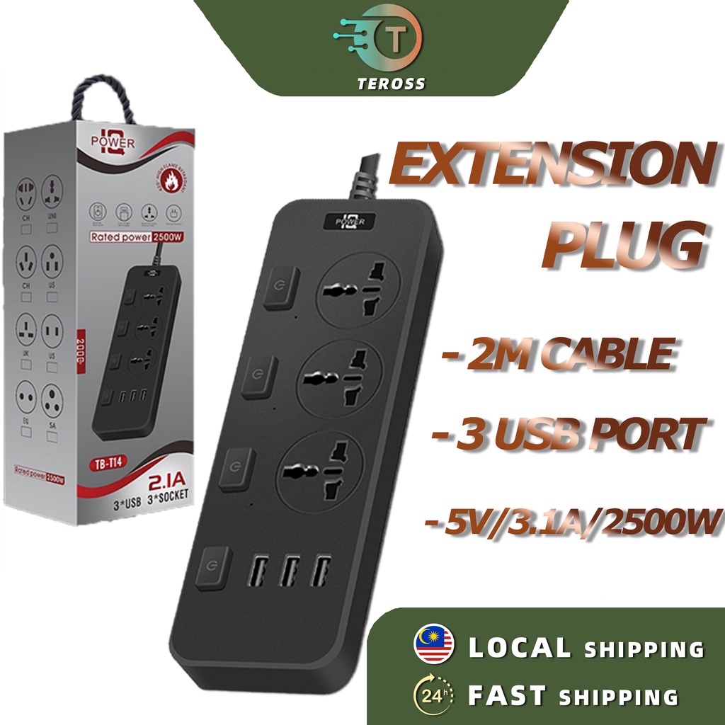 [READY STOCK] T14 Extension Plug With USB Ports Universal Power Socket ...
