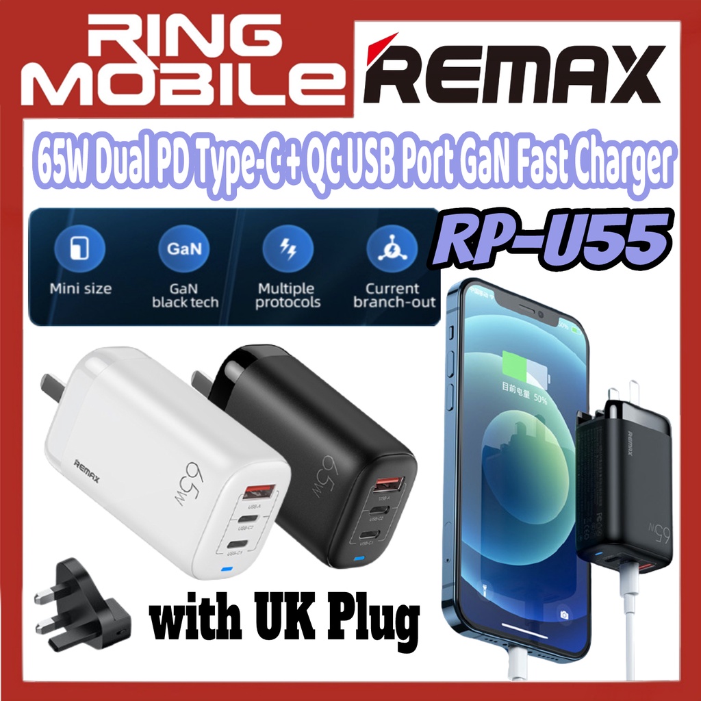 [Ready Stock] Remax RP-U55 Ligil Series 65W Dual PD Type-C + QC USB Port GaN Fast Charge Wall ...