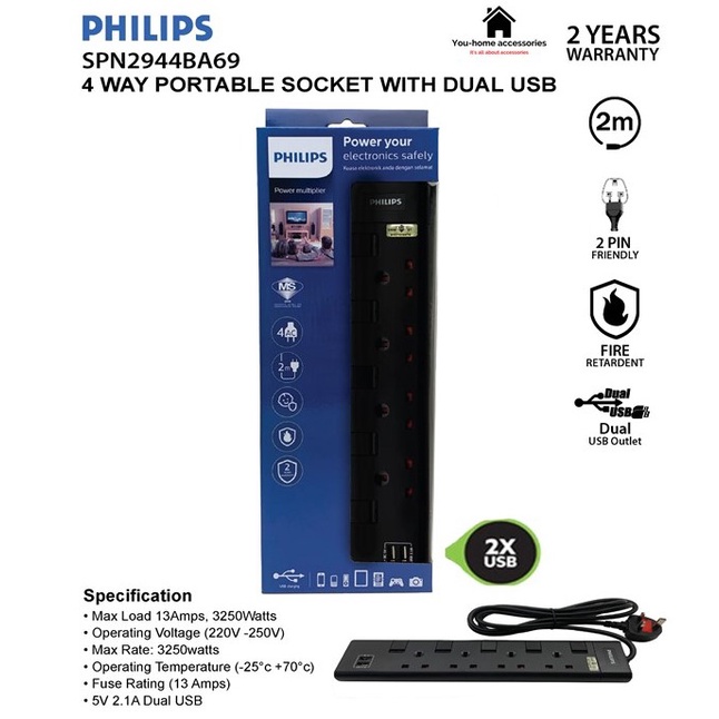Philips Sockets 4 Gang Extension Sockets With 2 USB Port 2 METER Black ...