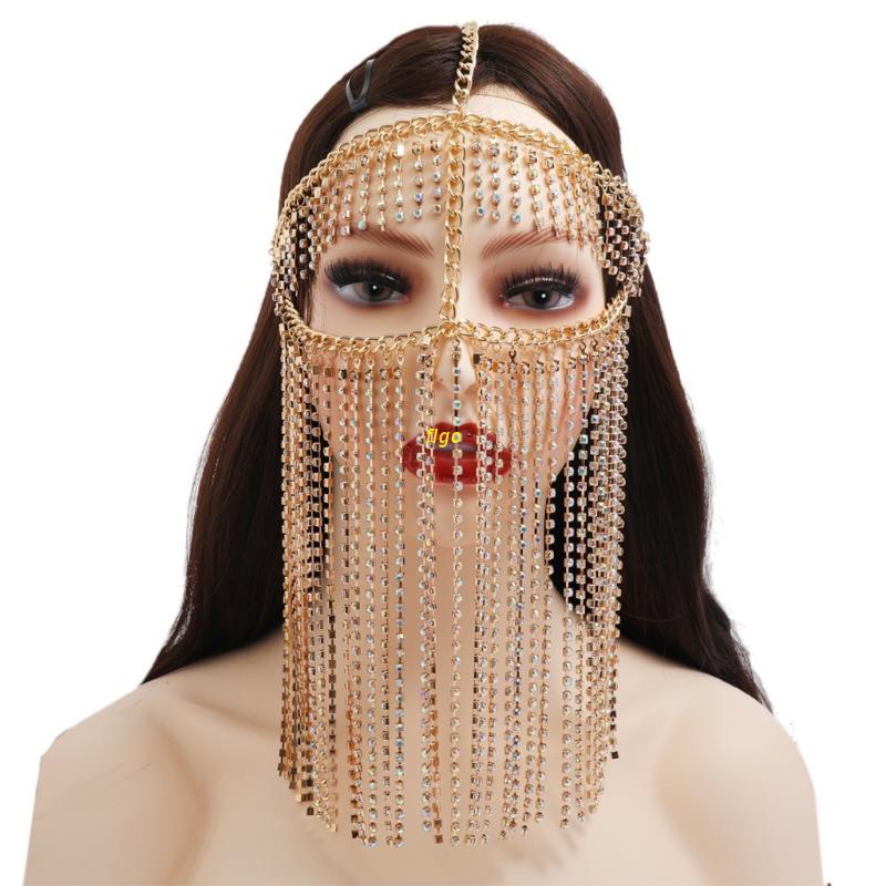 flgo Women Handmade Faux Crystal Tassel Masquerade Mask Veil Face Chain ...