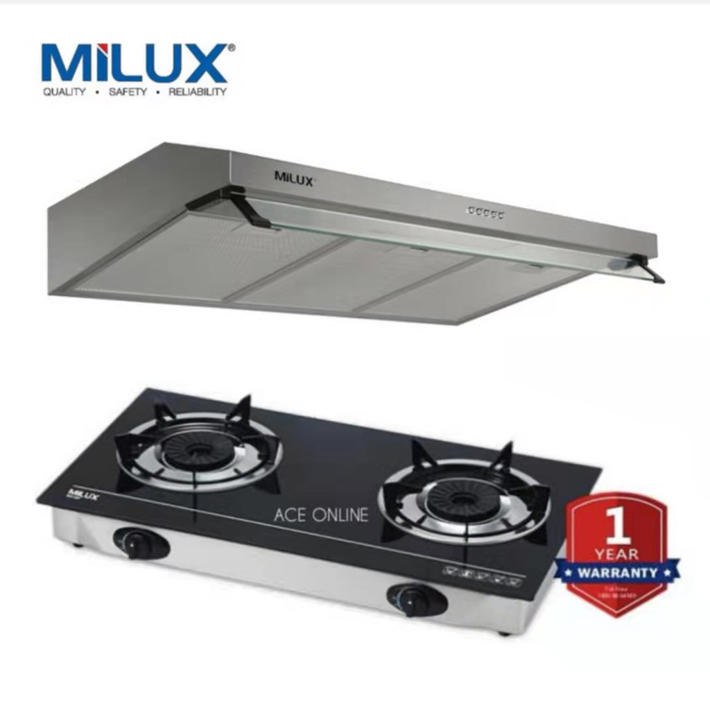 MILUX MSG-6300 2 BURNERS BLACK GLASS TOP GAS COOOKER / MILUX SLIM HOOD ...