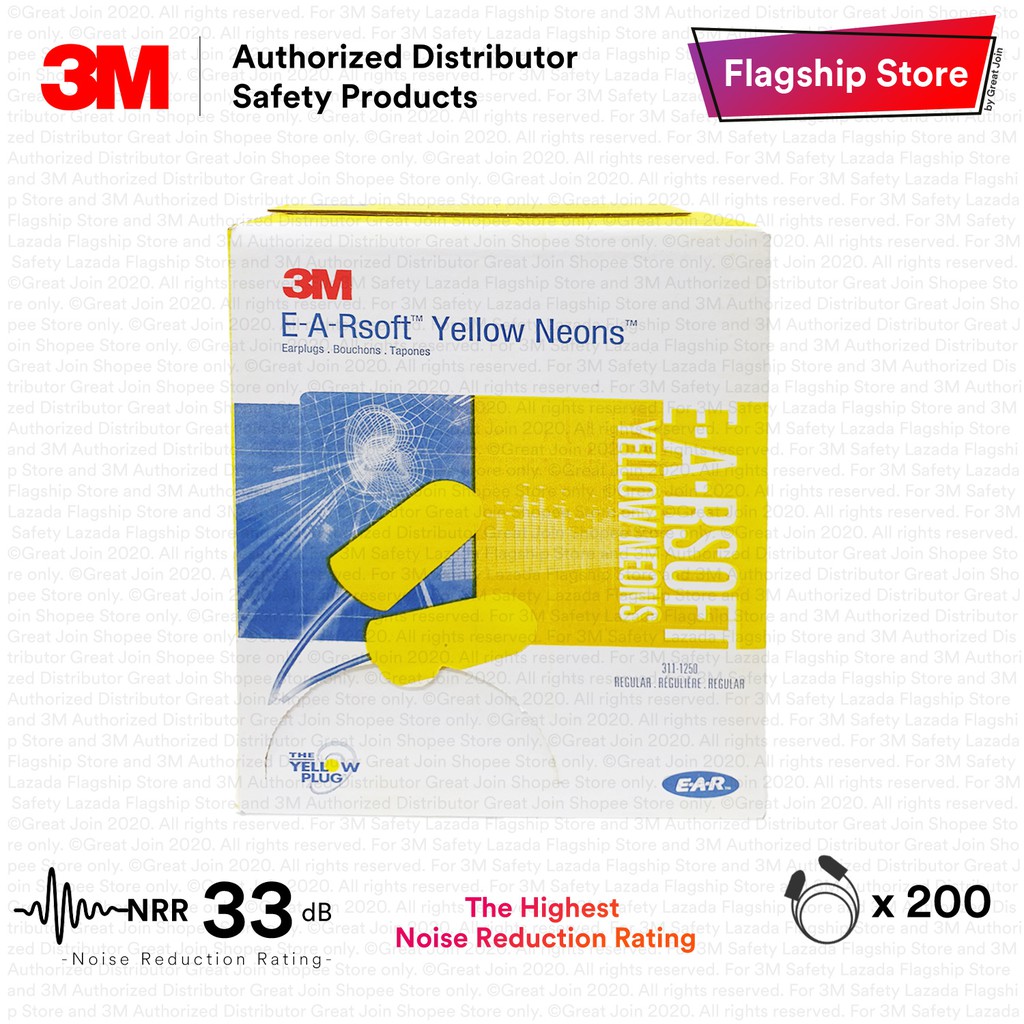 3M 311-1250 E-A-Rsoft Yellow Neons Corded Foam Earplugs/ NRR 33dB/ [200 ...