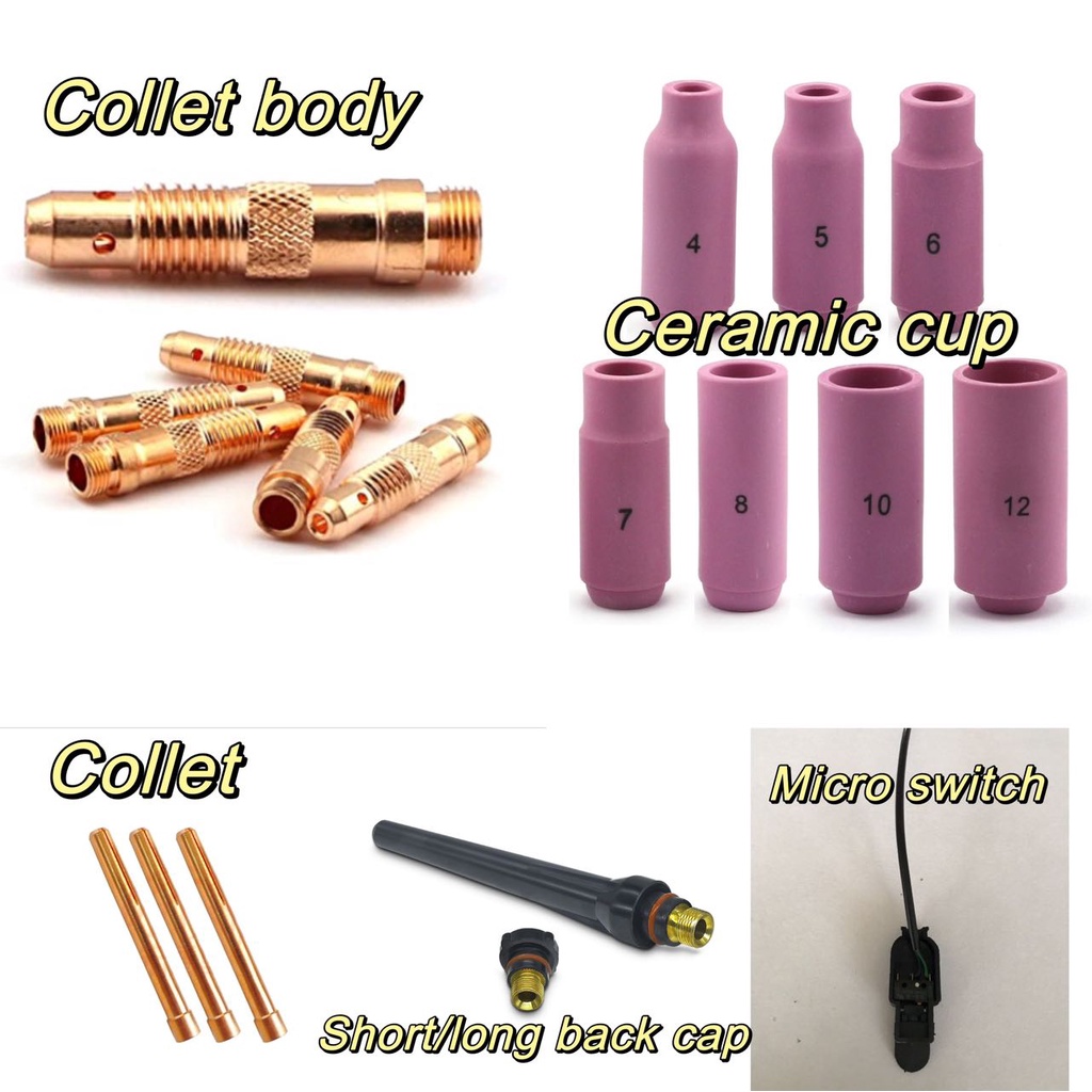 TIG COLLET/COLLET BODY/CERAMIC CUP/LONG OR SHORT BACK CAP/MICRO SWITCH ...