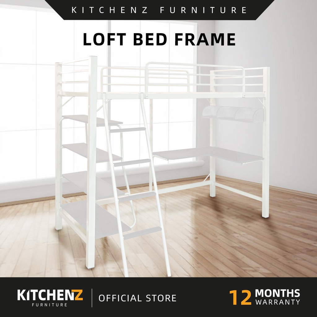 KitchenZ 3V Loft Single Size Bed Frame with Study Table & Book Shelves ...