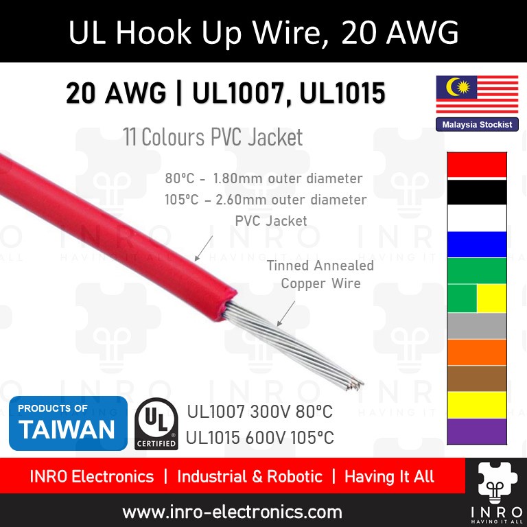 Hook Up Wire | 20 AWG, UL1007 & UL1015, 10A Current, Wayar Kereta / Machine, Auto Cable (1 meter ...