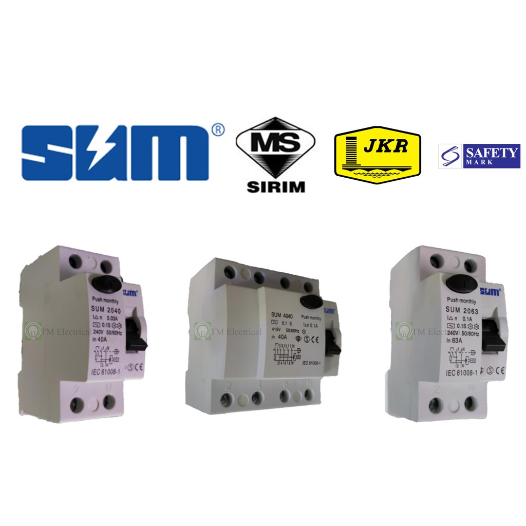 SUM RCCB /ELCB/ 40A / 63A / 100A / 2 POLE / 4 POLE / 30ma / 100ma / 6kA / RESIDUAL CURRENT ...