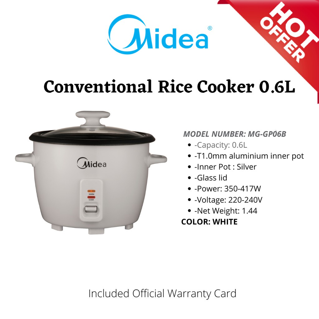 Midea 0.6L Conventional Rice Cooker with Glass Lid MG-GP06B / MRC ...